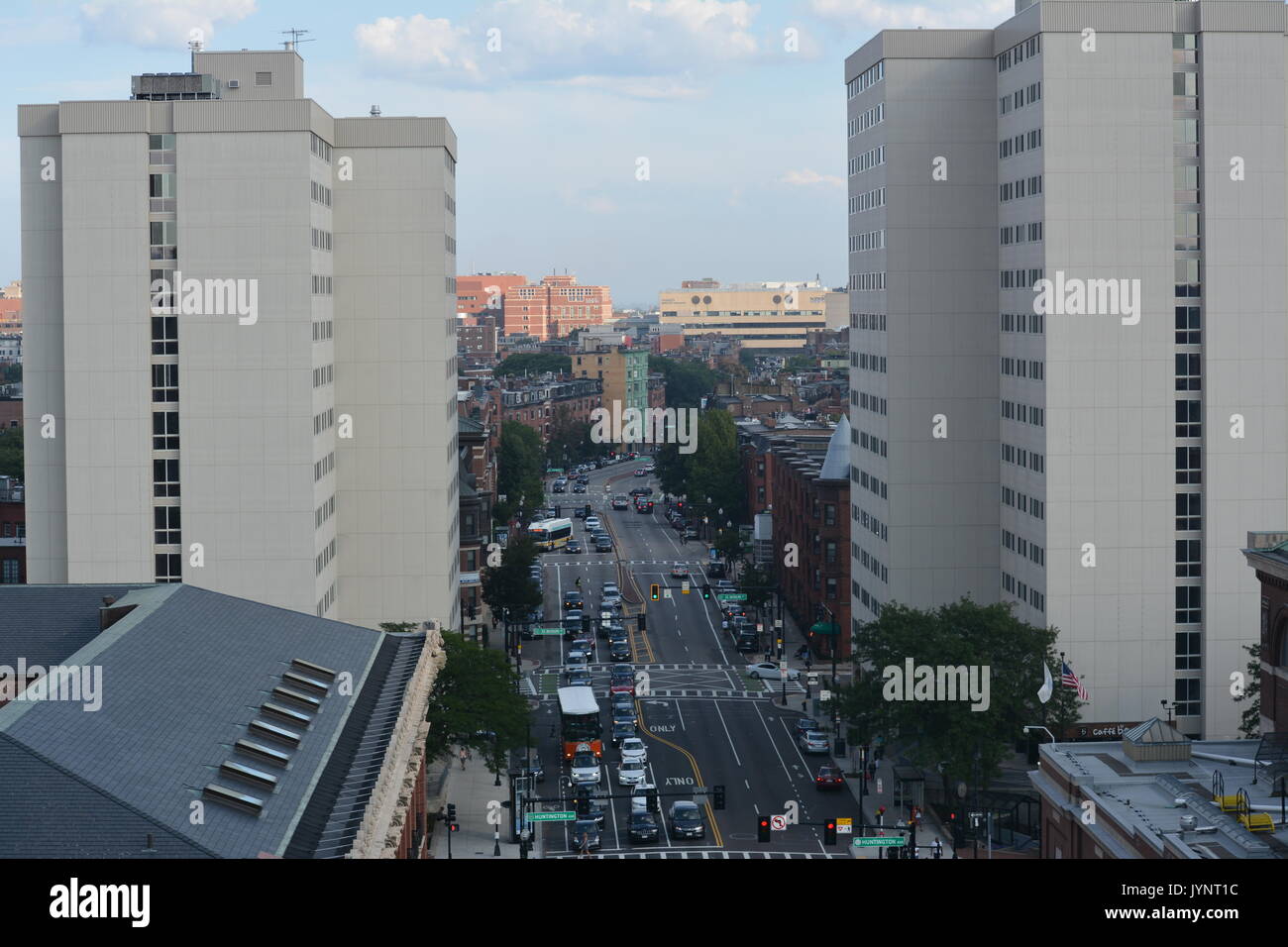 A view of the Boston skyline seen from above along Massachusetts Avenue ...