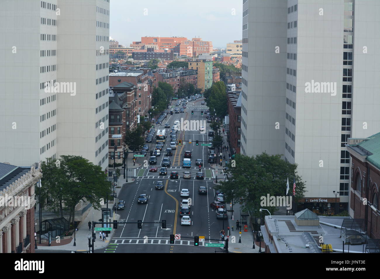 A view of the Boston skyline seen from above along Massachusetts Avenue ...