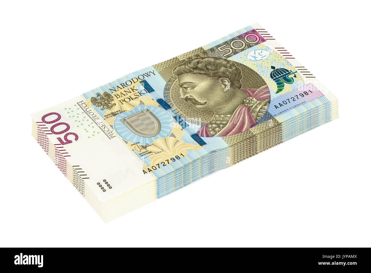 Heap of 500 polish zloty banknotes isolated on white background with ...