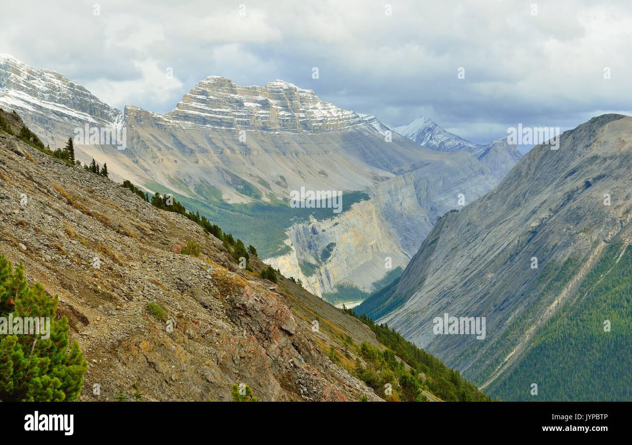 High mountains of the Canadian Rockies along the Icefields Parkway ...