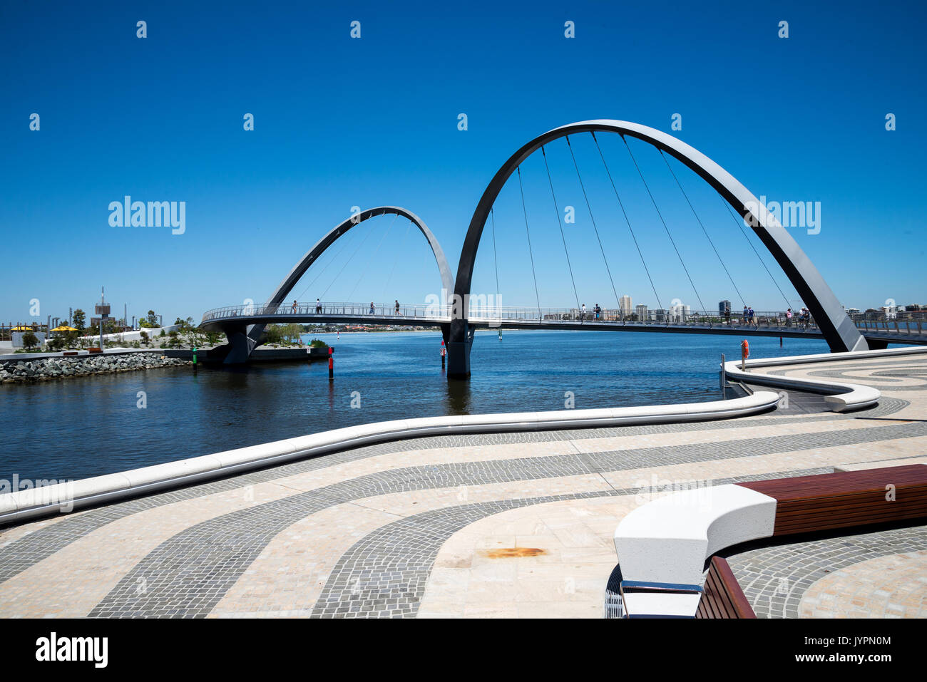 People walking across Elizabeth Quay Bridge in Perth City, Western ...
