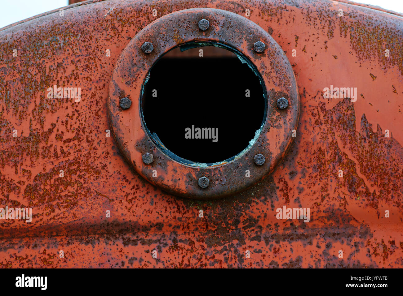 Close up background of rusty metal tank with rusty circular hole Stock ...