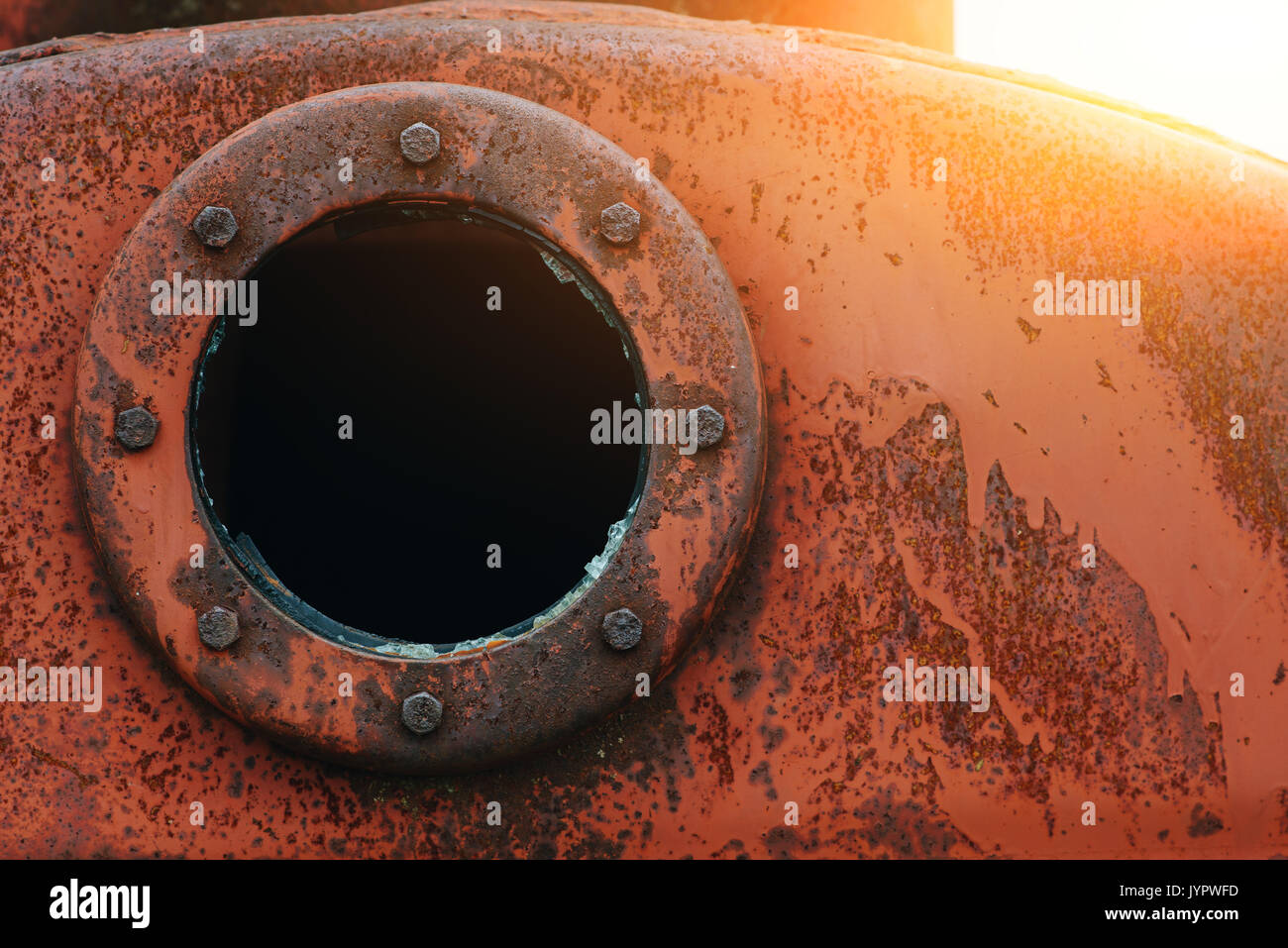 Close up background of rusty metal tank with rusty circular hole Stock ...