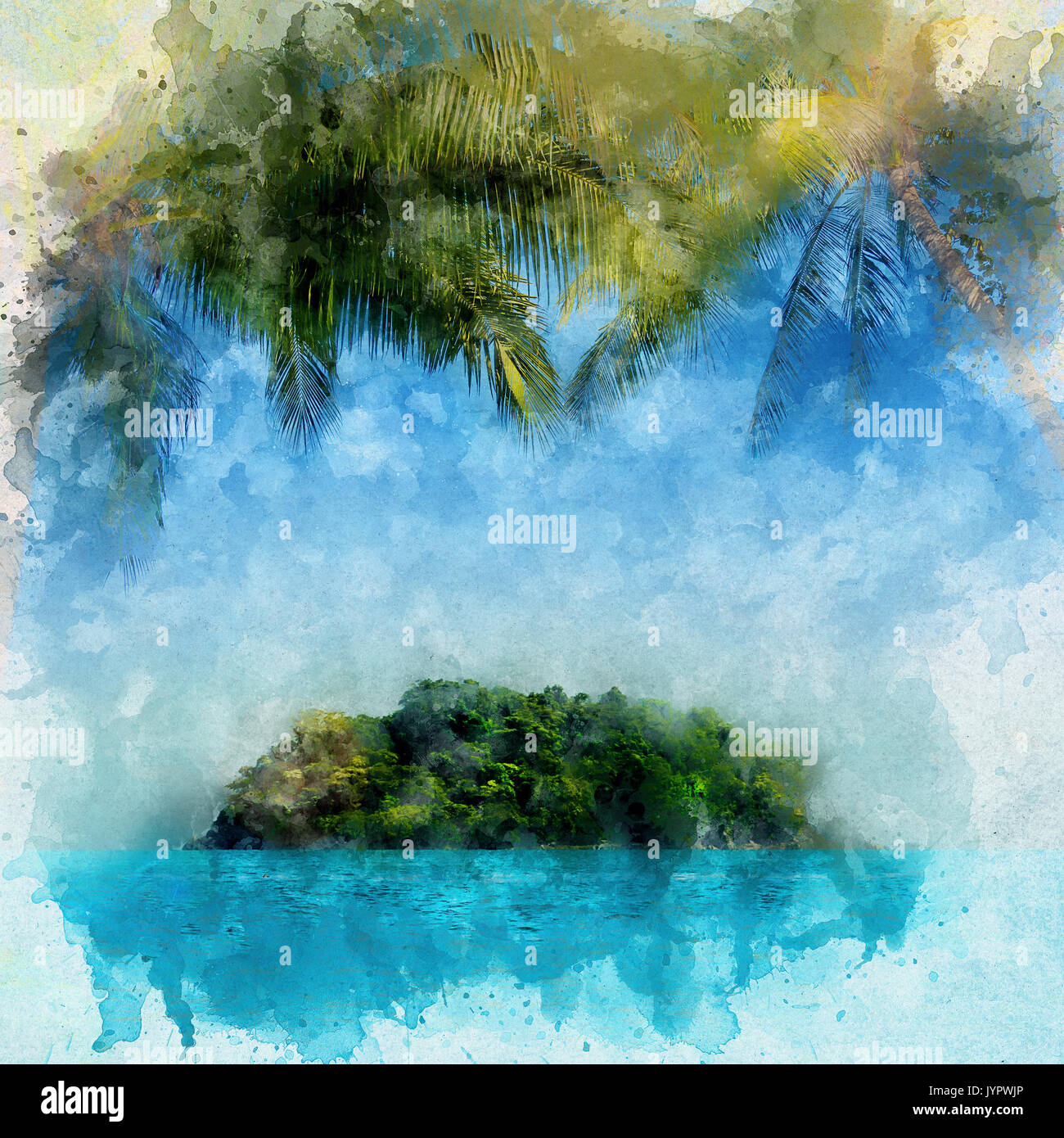 Heaven island in Sea behind two Coconut palms with water paint draw ...