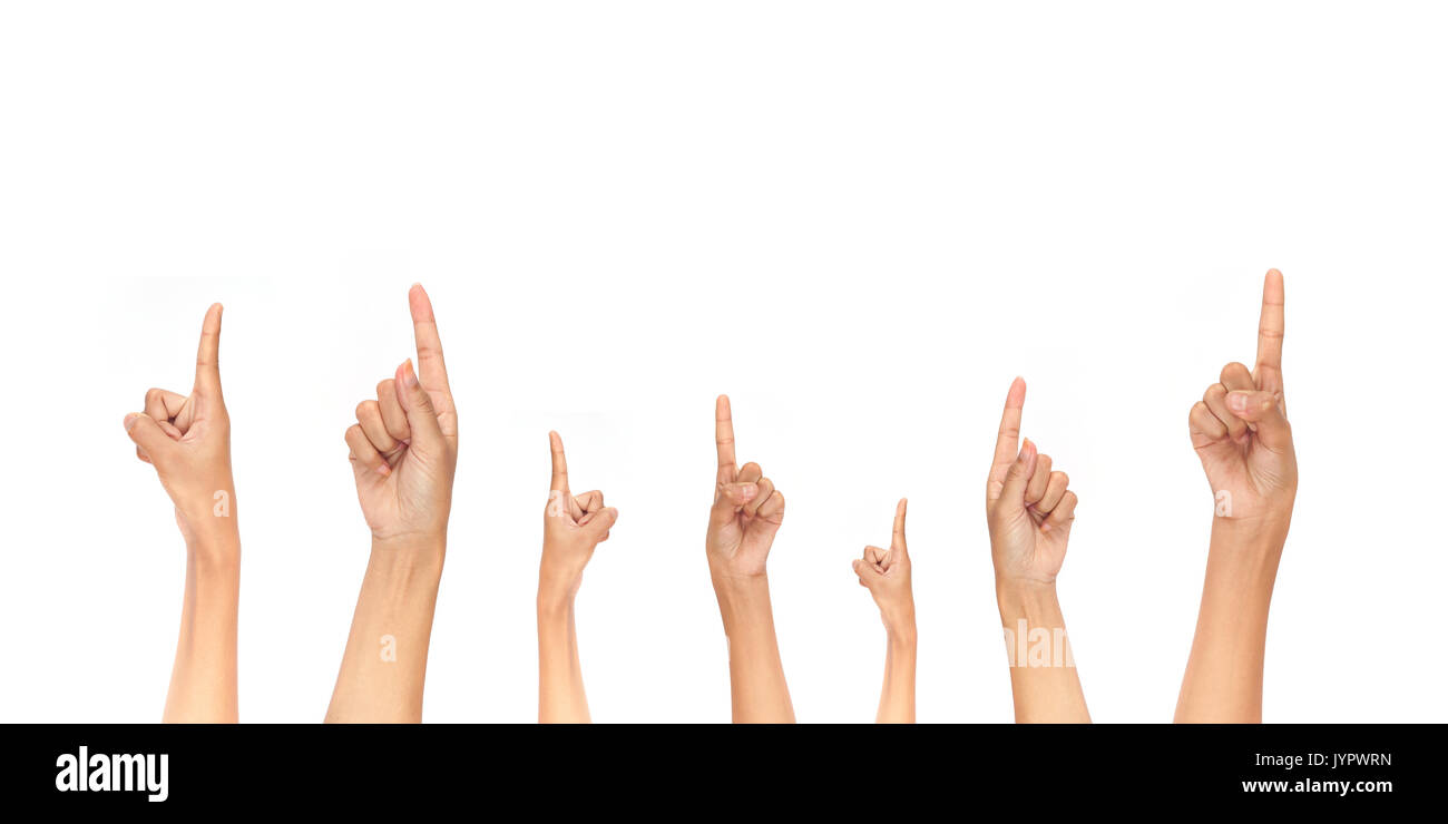 Few hands point up by finger on white background Stock Photo - Alamy