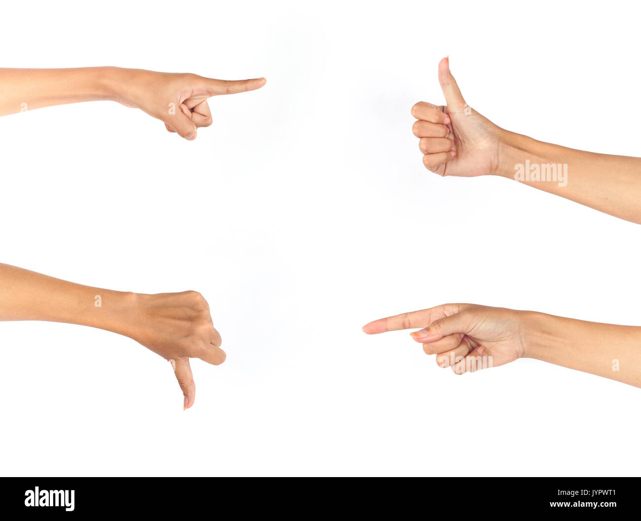 Woman point by finger to different direction Stock Photo - Alamy