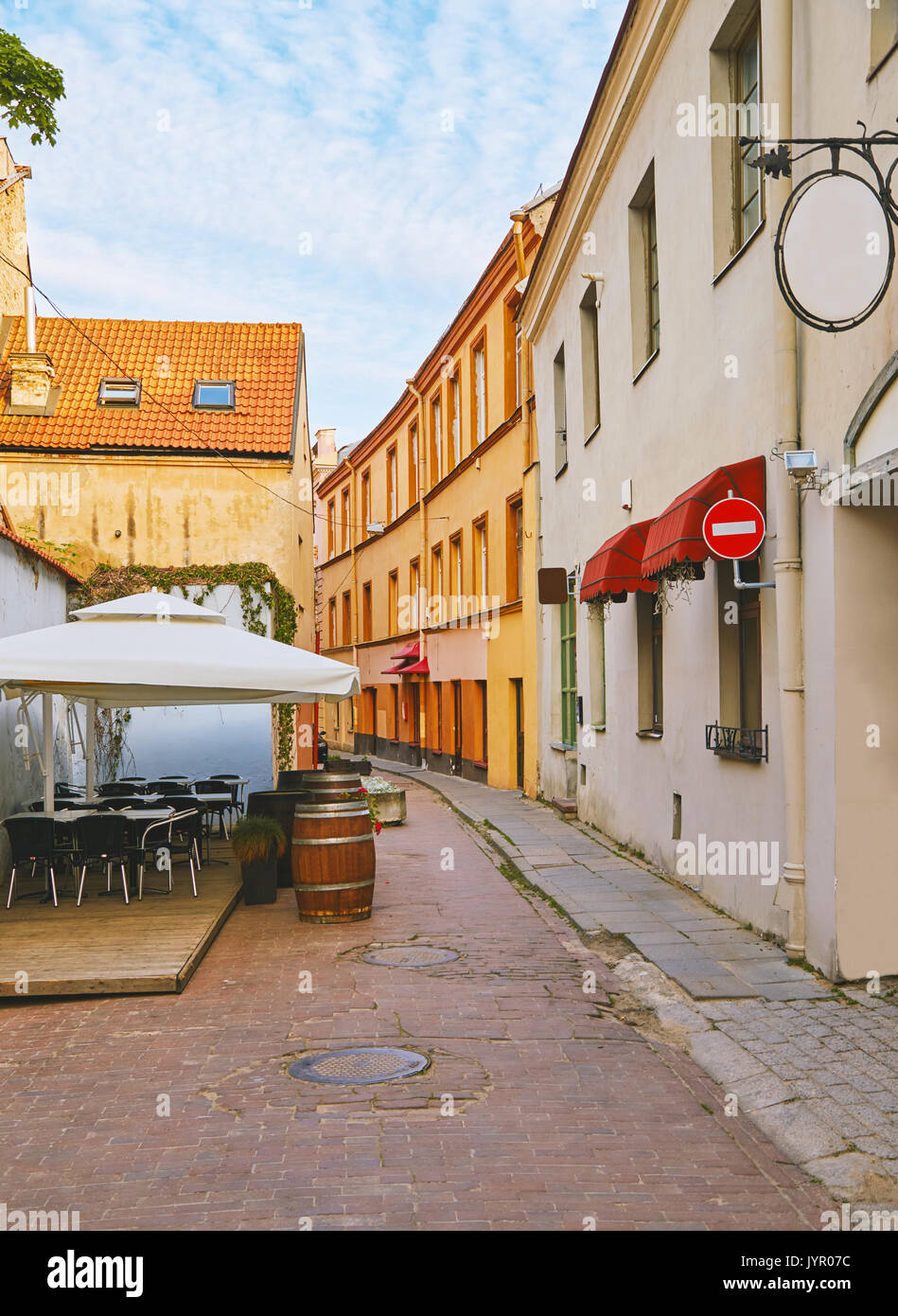 Empty european street with cafe in the old town in Vilnius Stock Photo ...
