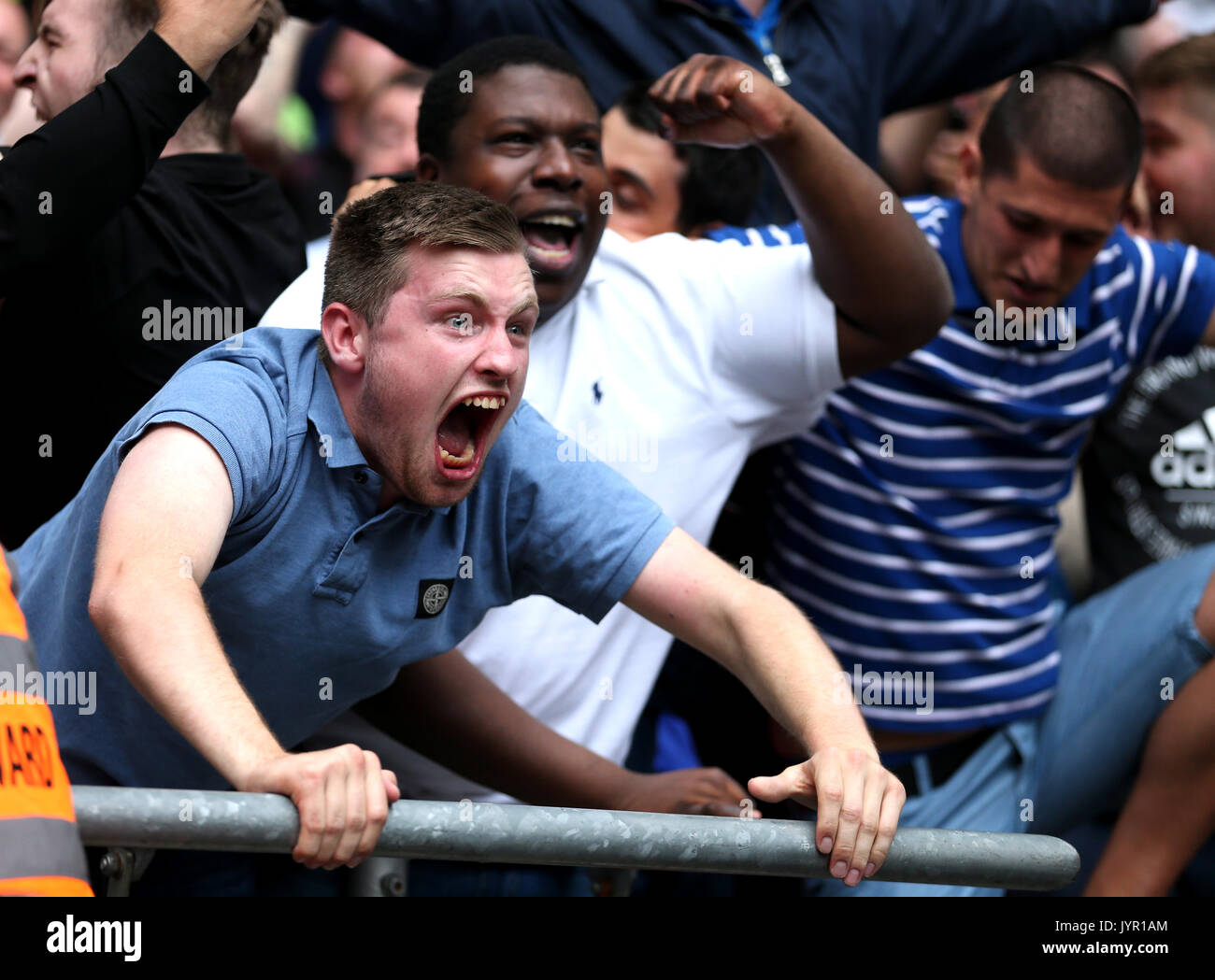 Chelsea fans celebrate their first goal during the Premier League match ...