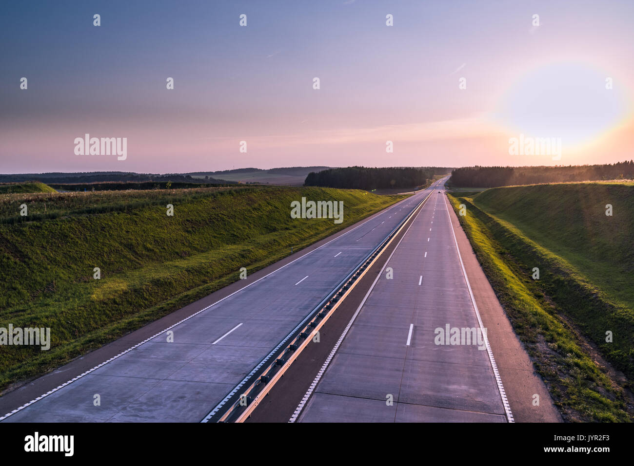 Country highway and sunset. Clear road great nature around. Horizontal ...