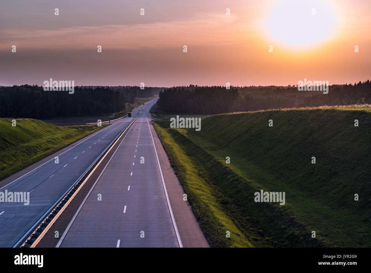 Country highway and sunset. Clear road great nature around. Horizontal ...