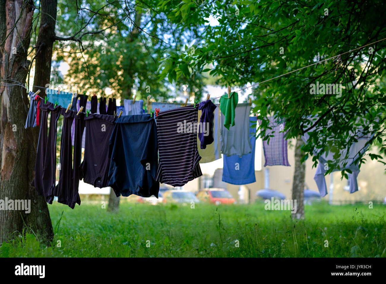 Clothes drying on the laundry line between green trees on fresh air ...