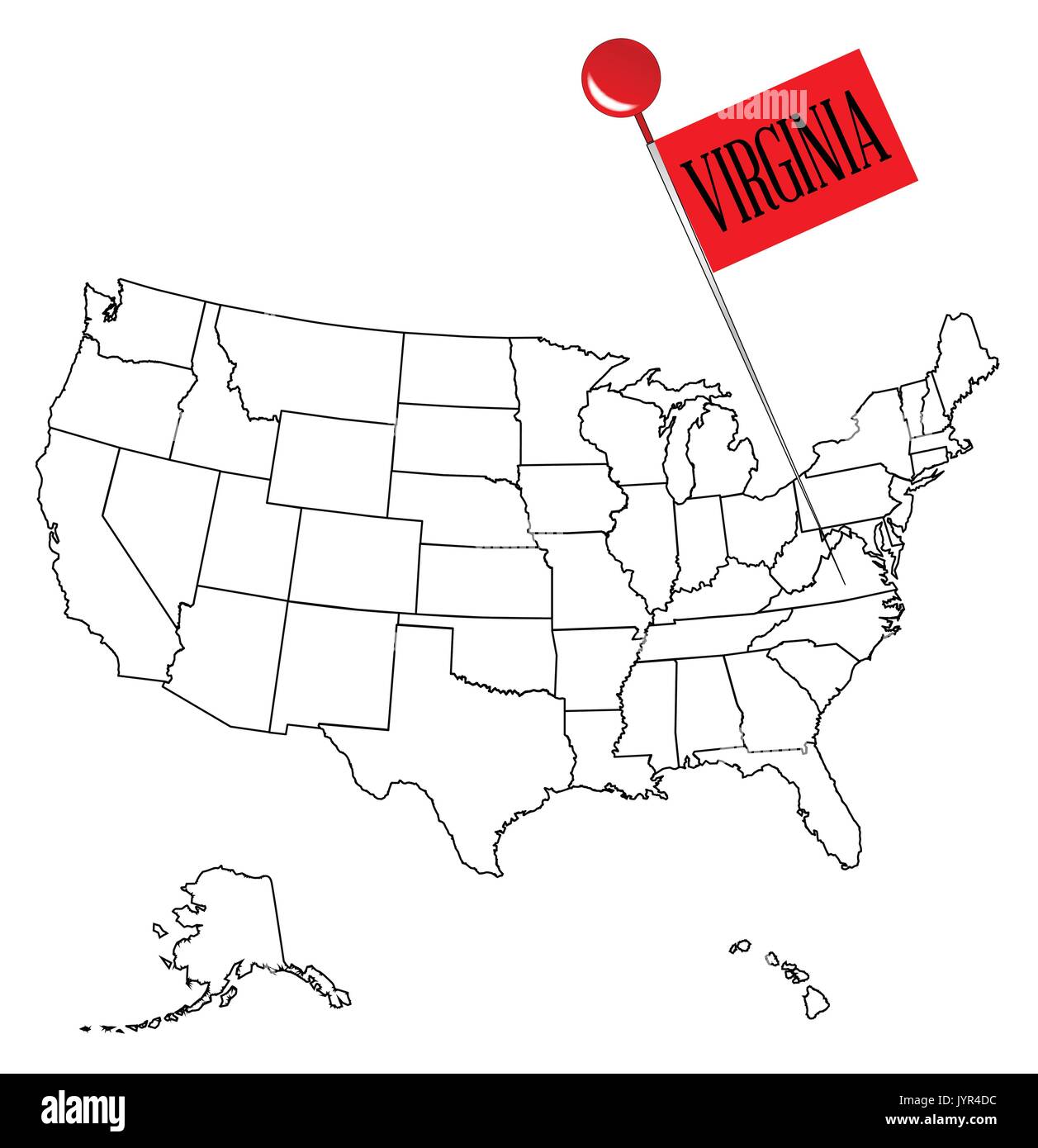 An outline map of USA with a knob pin in the state of Virginia Stock ...