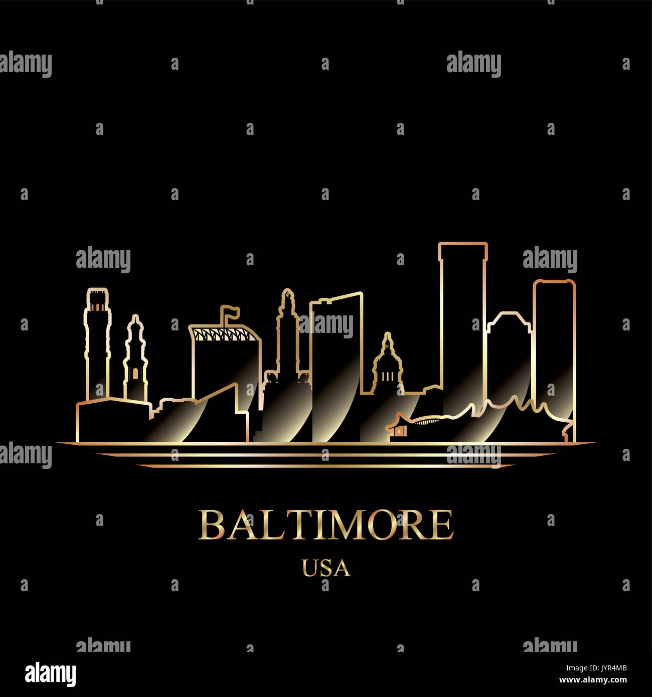 Gold silhouette of Baltimore on black background vector illustration ...