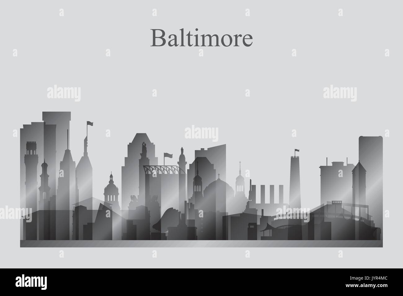 Baltimore city skyline silhouette in grayscale vector illustration ...