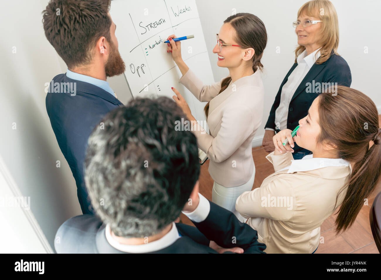 Female executive director writing on a paper board the positive Stock ...