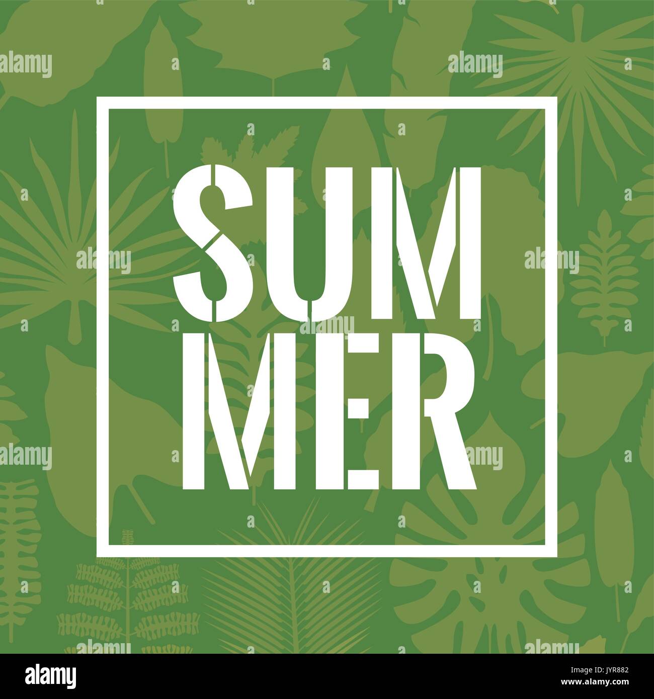 green color poster with decorative leaves and summer text in square ...