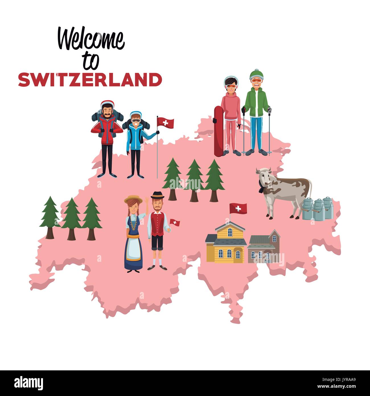 white background of welcome to switzerland with traditional people in ...