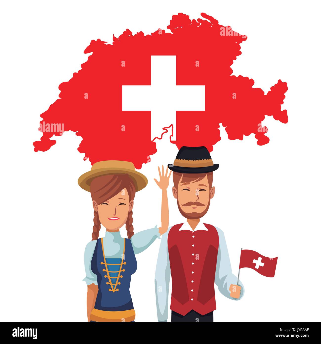 white background of welcome to switzerland with traditional people and ...