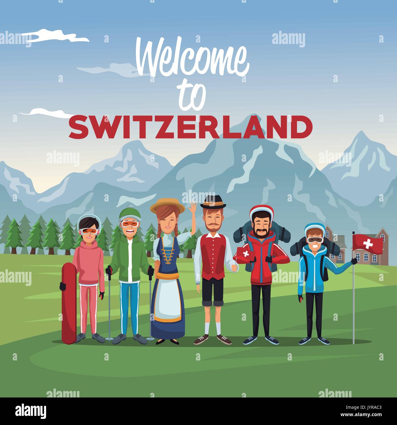 mountain landscape valley poster with skiers tourist and traditional ...