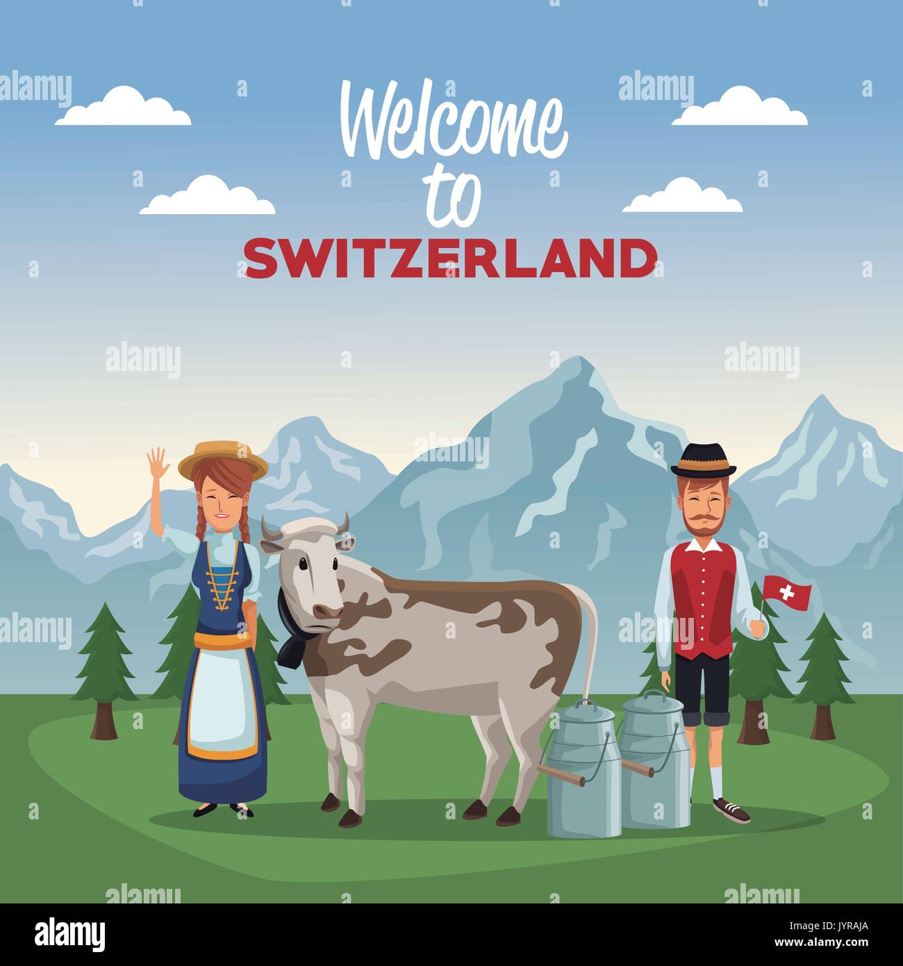 mountain landscape valley poster of welcome of switzerland with people ...