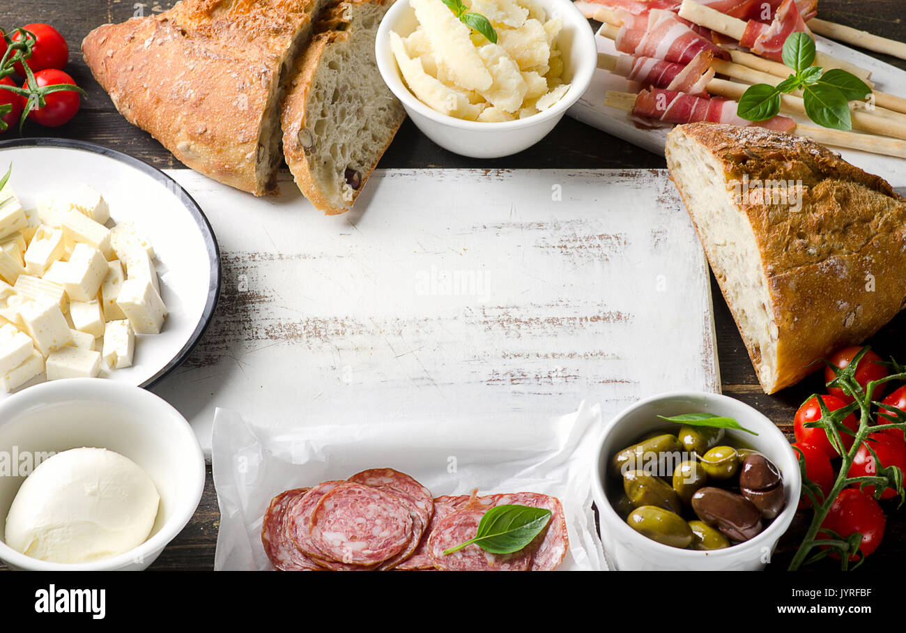 Various types of italian food. Top view Stock Photo - Alamy