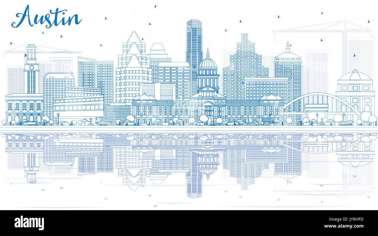 Outline Austin Skyline with Blue Buildings and Reflections. Vector ...
