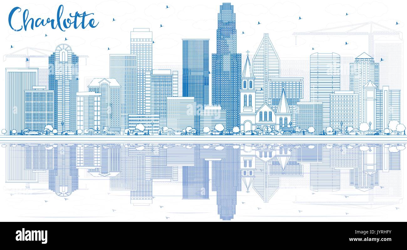 Outline Charlotte Skyline with Blue Buildings and Reflections. Vector ...