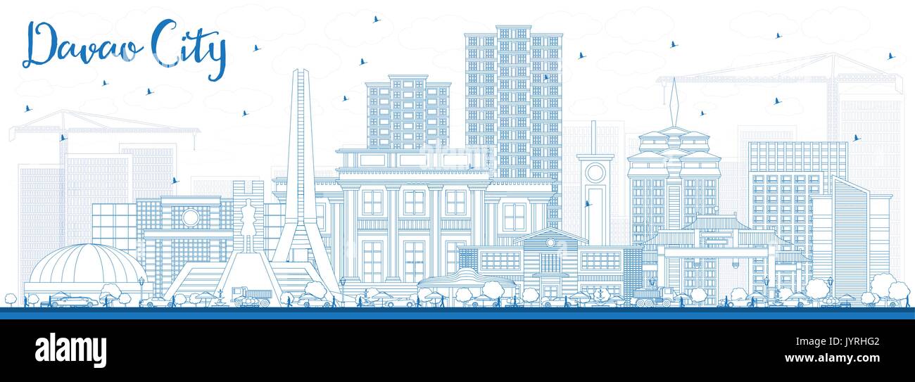 Outline Davao City Philippines Skyline with Blue Buildings. Vector ...