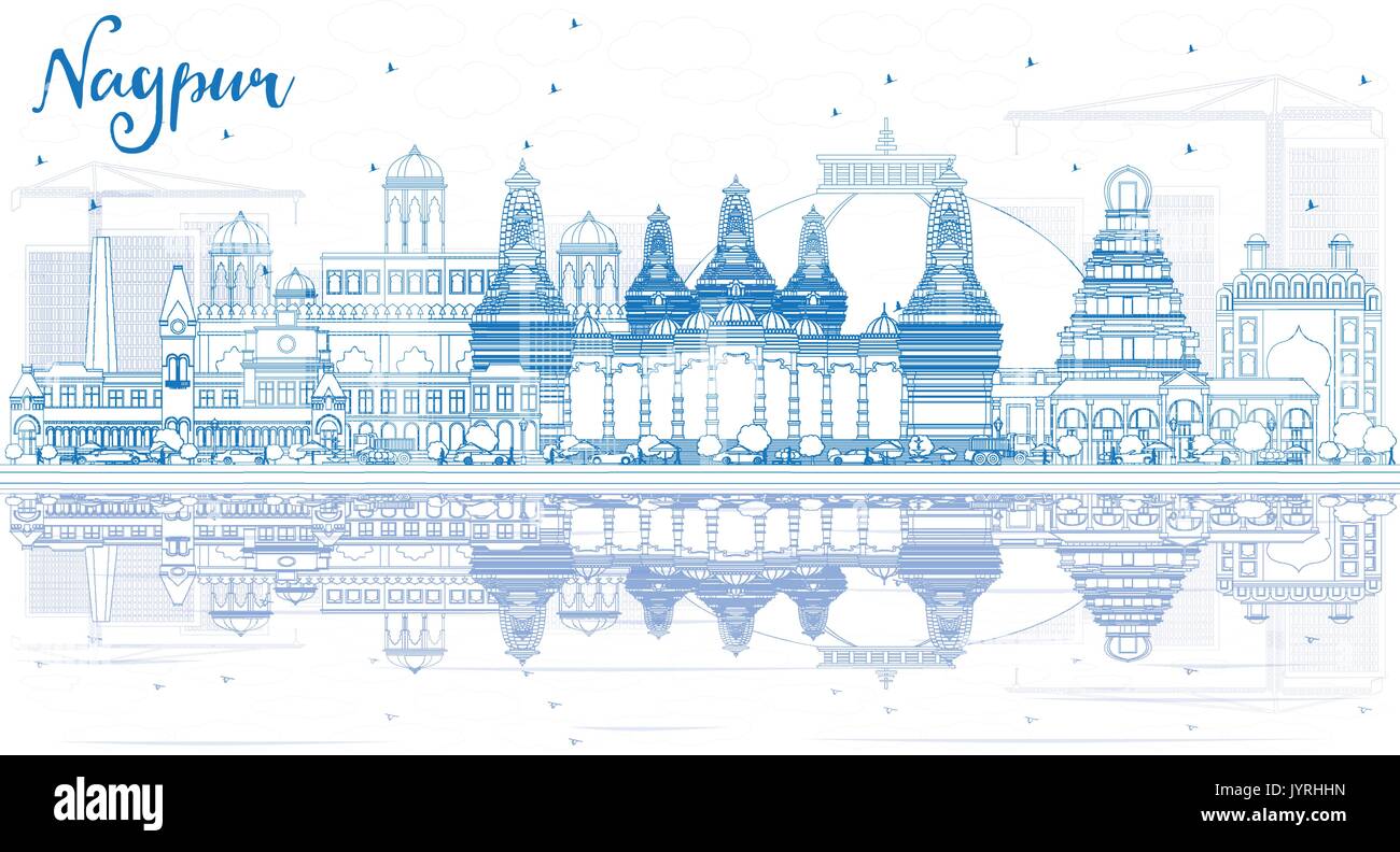 Outline Nagpur Skyline with Blue Buildings and Reflections. Vector ...