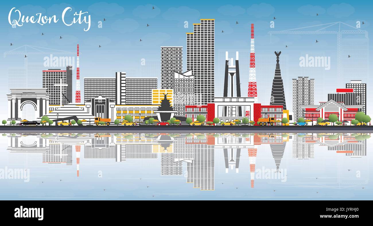 Quezon City Philippines Skyline with Gray Buildings, Blue Sky and ...