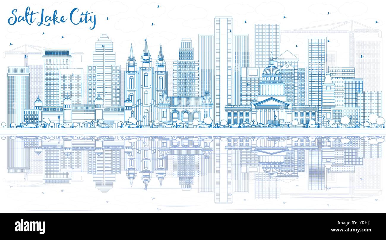 Outline Salt Lake City Skyline with Blue Buildings and Reflections ...