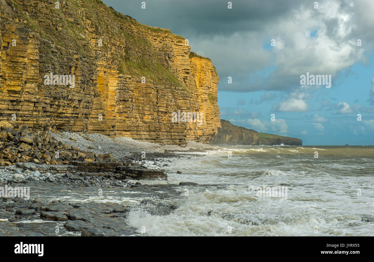The oolitic limestone cliffs at Llantwit Major beach on the Glamorgan ...
