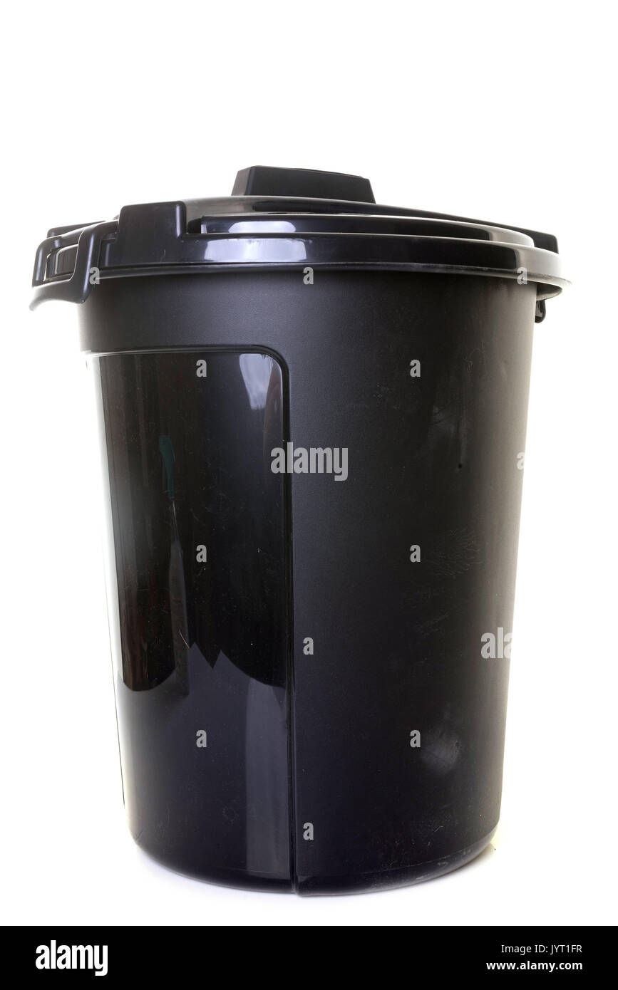 Plastic garbage bin in front of white background Stock Photo - Alamy