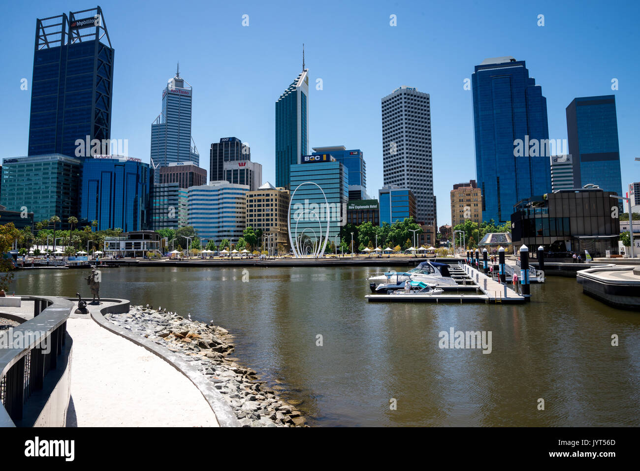 Perth City view from Elizabeth Quay Bridge with The Spanda sculpture in ...