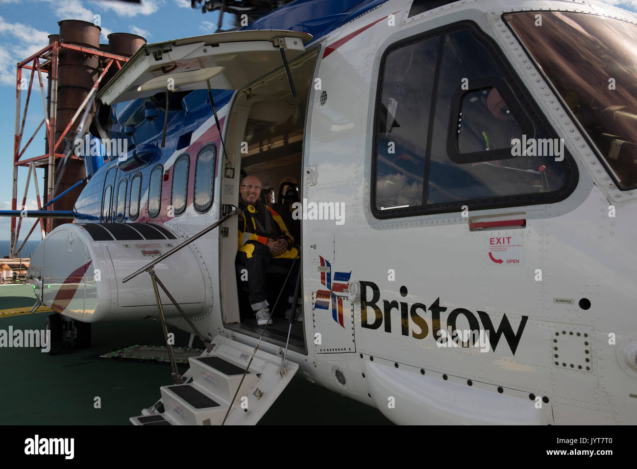 Bristow Helicopter, landing on a north sea oil and gas platform. credit ...
