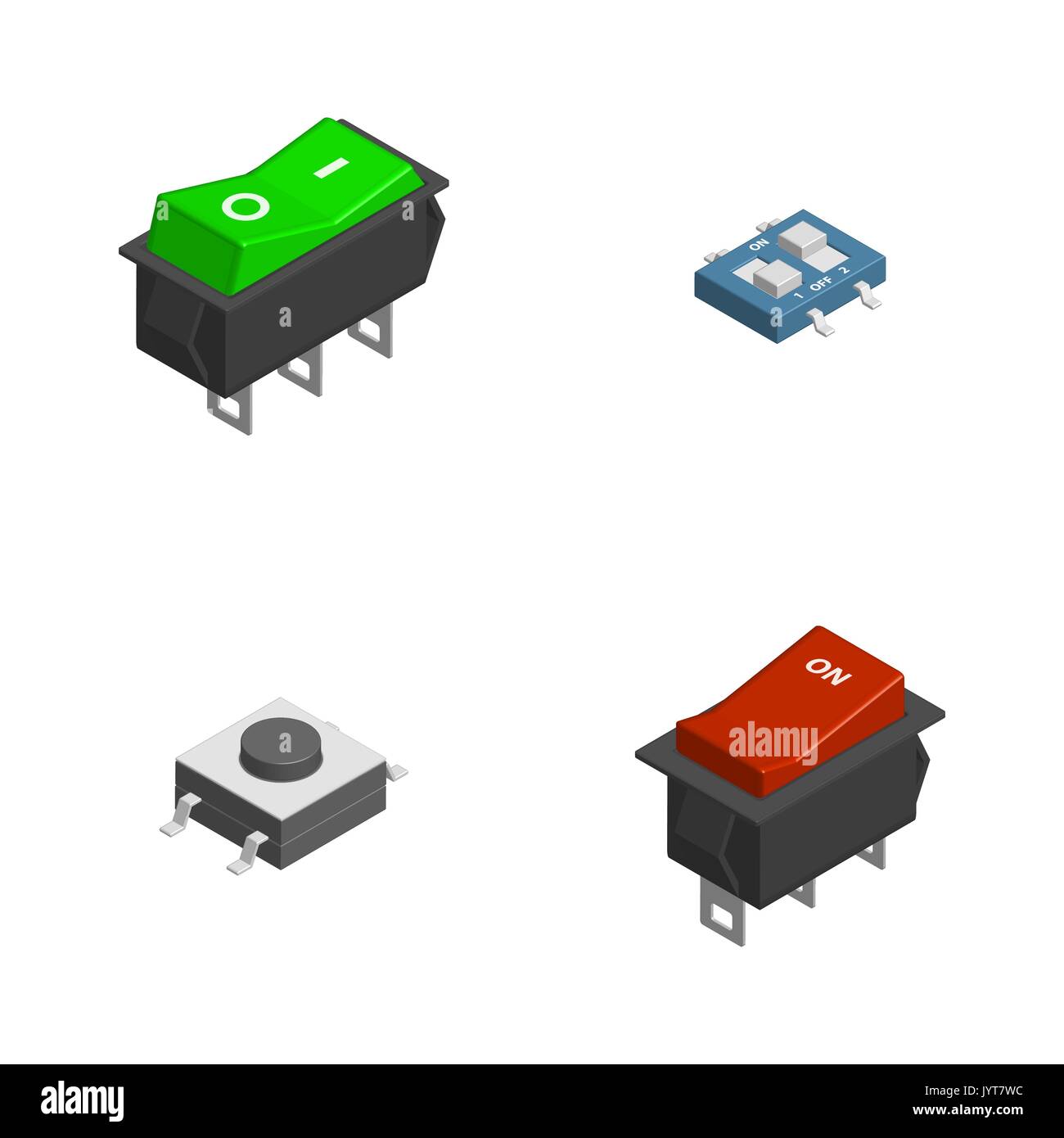 Set of different electric buttons and switches isolated on white ...