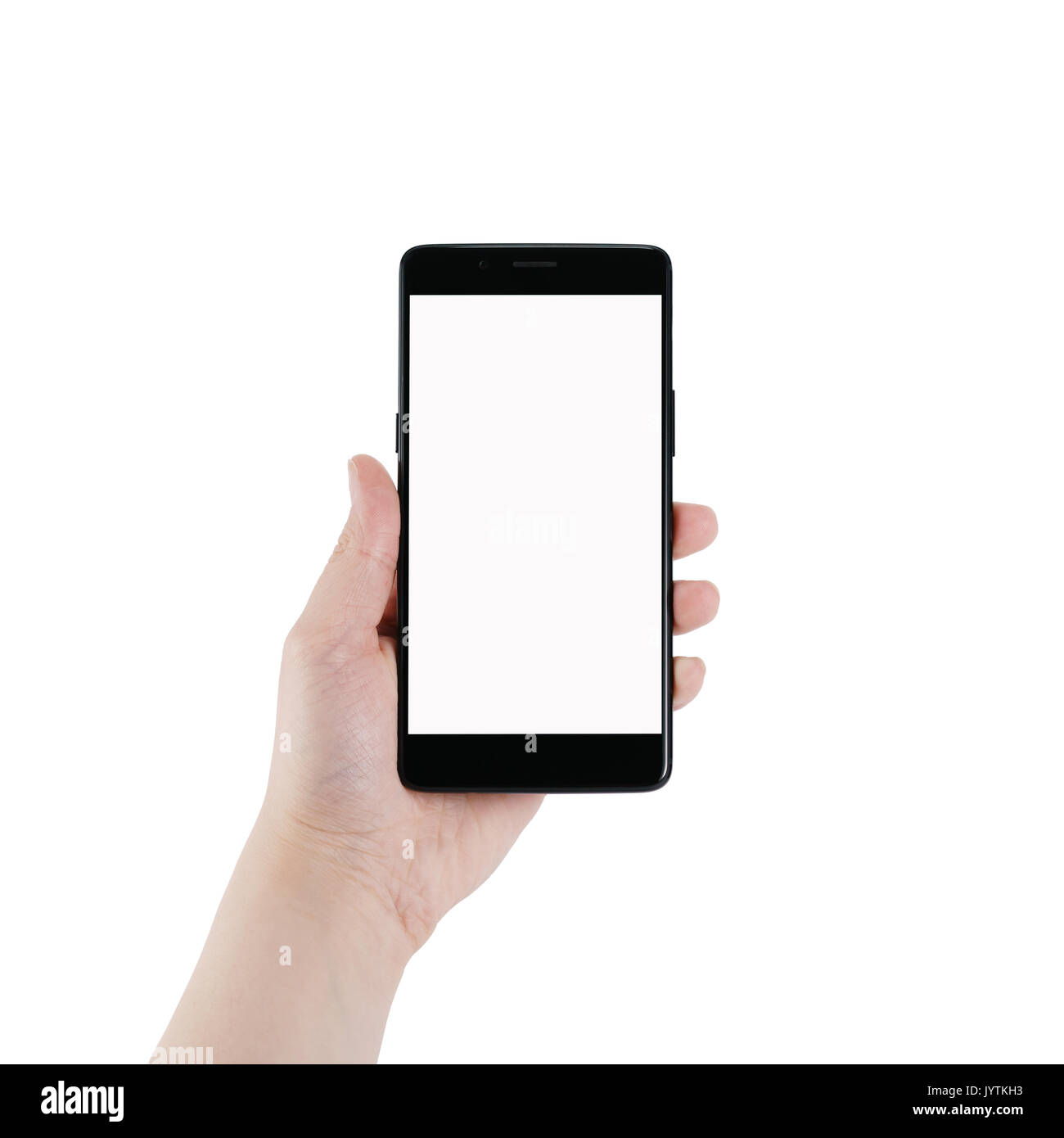 female teen left hand holding smartphone isolated on white Stock Photo ...