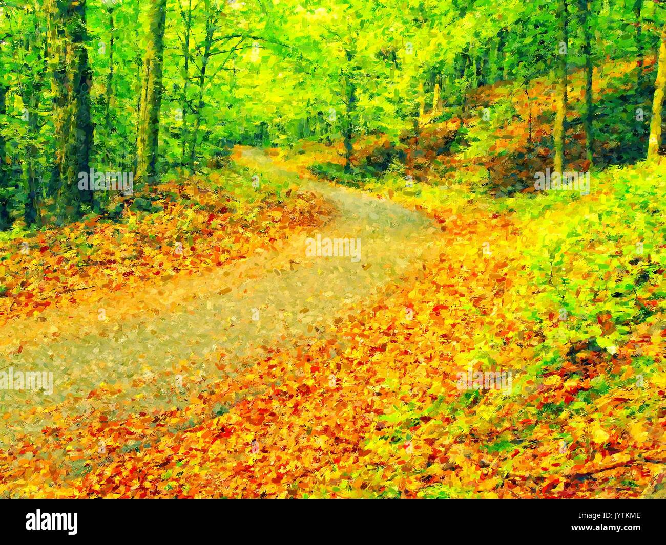 Watercolor paint effect. Path leading among the beech trees in early ...