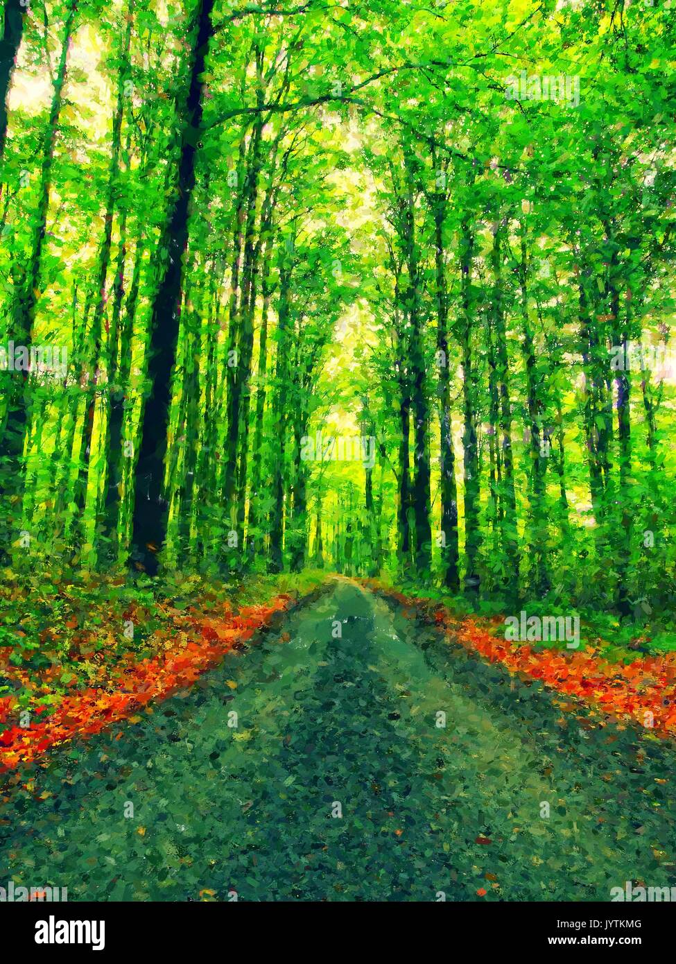 Watercolor paint effect. Path leading among the beech trees in early ...