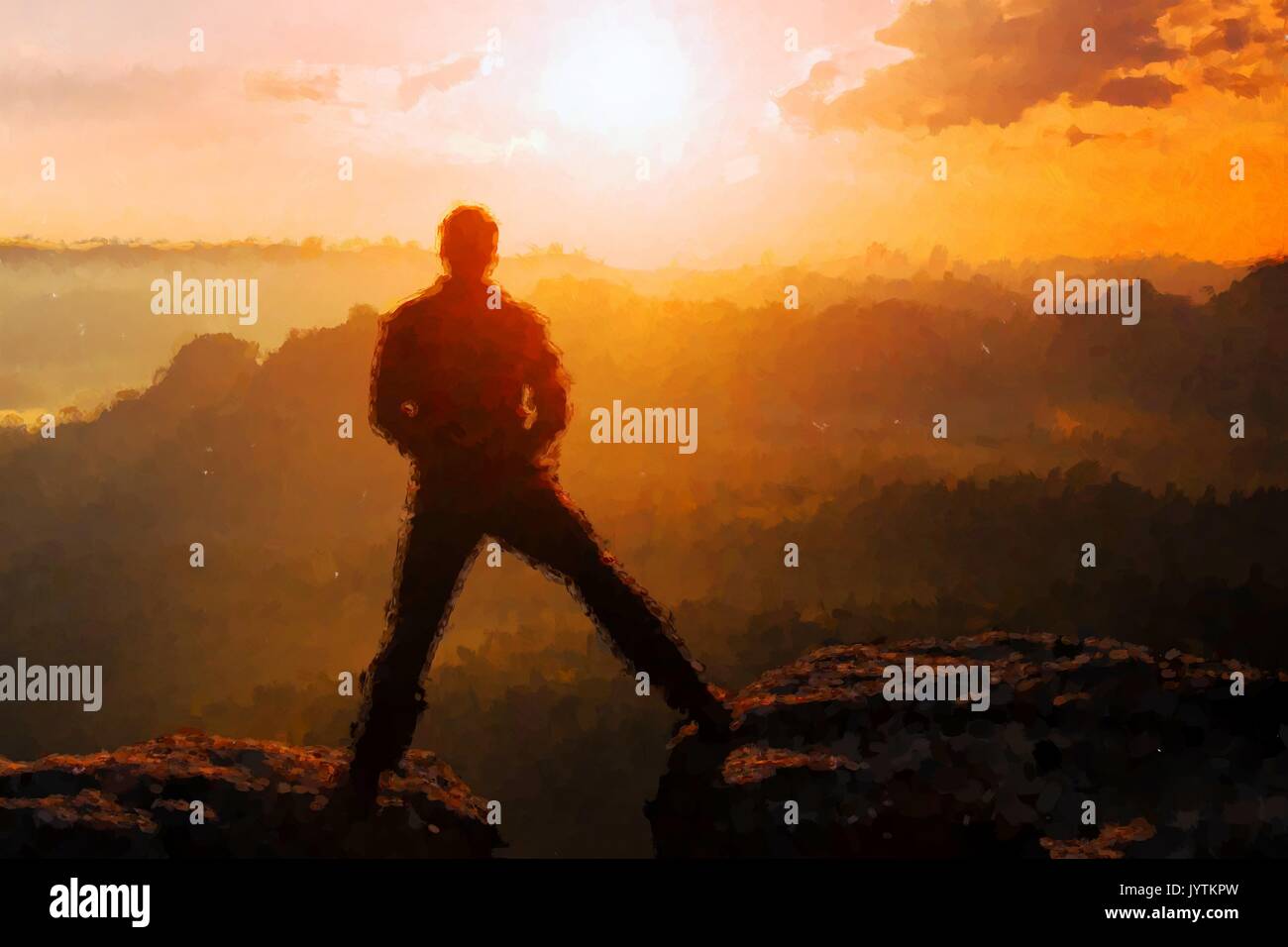 Aquarelle, Watercolor paint. Hiker is standing on the peak of sandstone ...