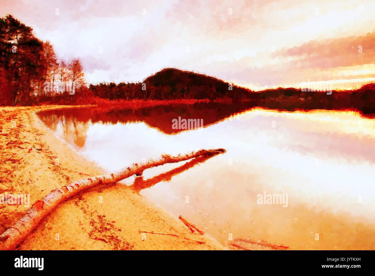 Watercolor paint. Paint effect. Abandoned sandy beach at lake, cloudy ...
