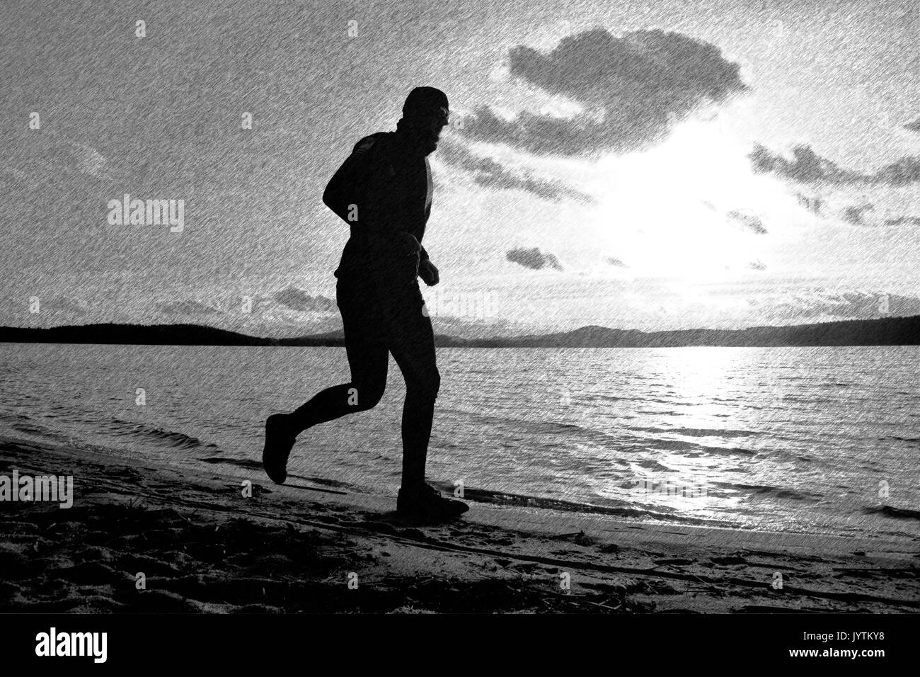 Black and white dashed retro sketch. Running man on beach. Sportsman ...