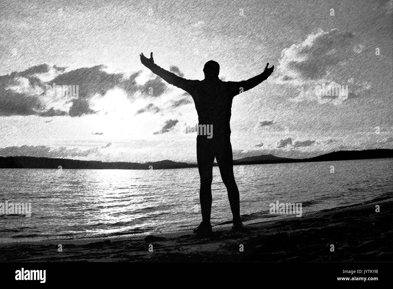 Black and white dashed retro sketch. Running man on beach. Sportsman ...