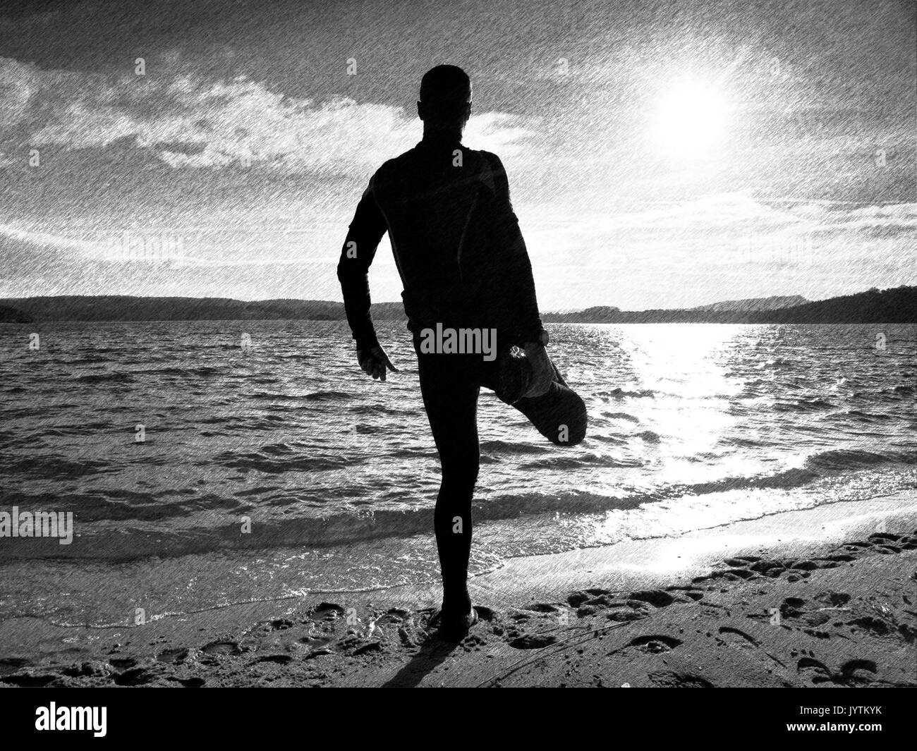 Black and white dashed retro sketch. Running man on beach. Sportsman ...