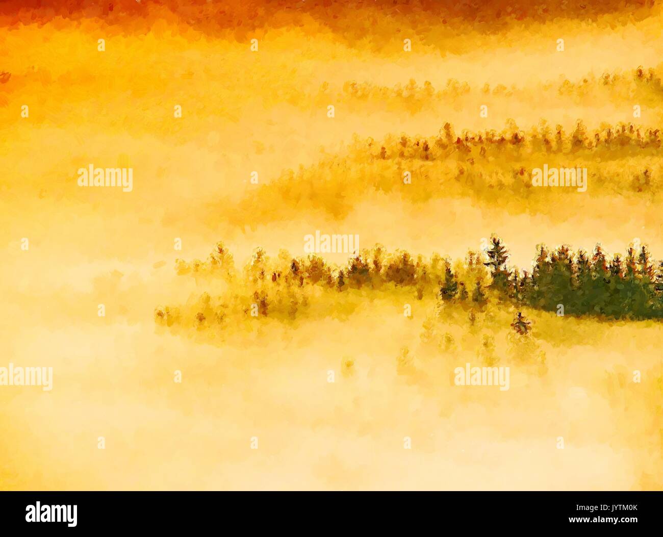 Watercolor paint. Paint effect.Sunrise, Fog and sharp sun rays on the ...