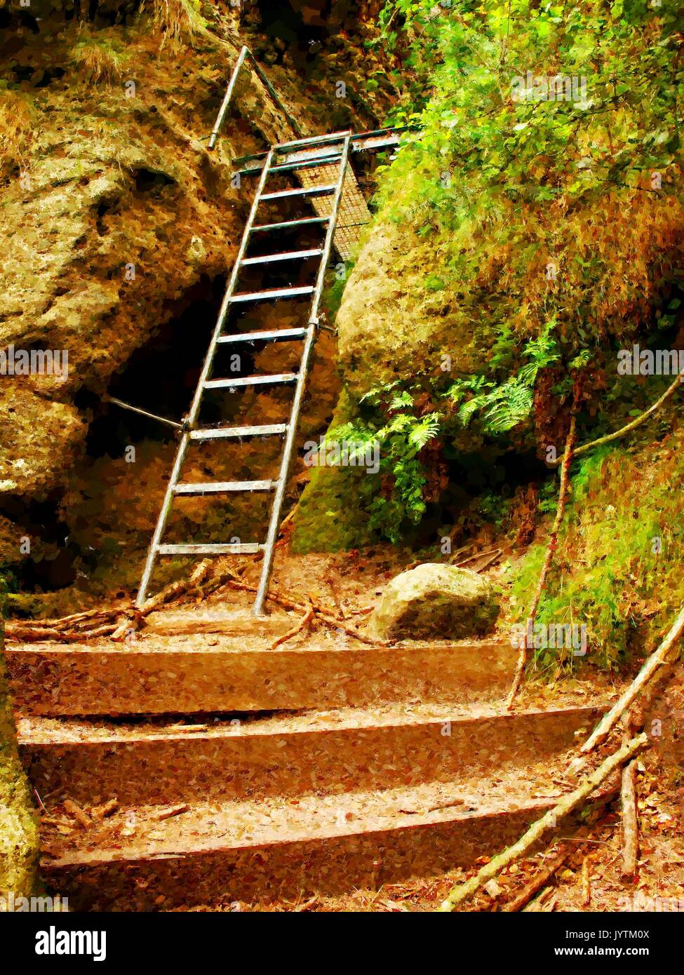 Watercolor paint. Paint effect.Climbers ladder. Iron twisted rope fixed ...