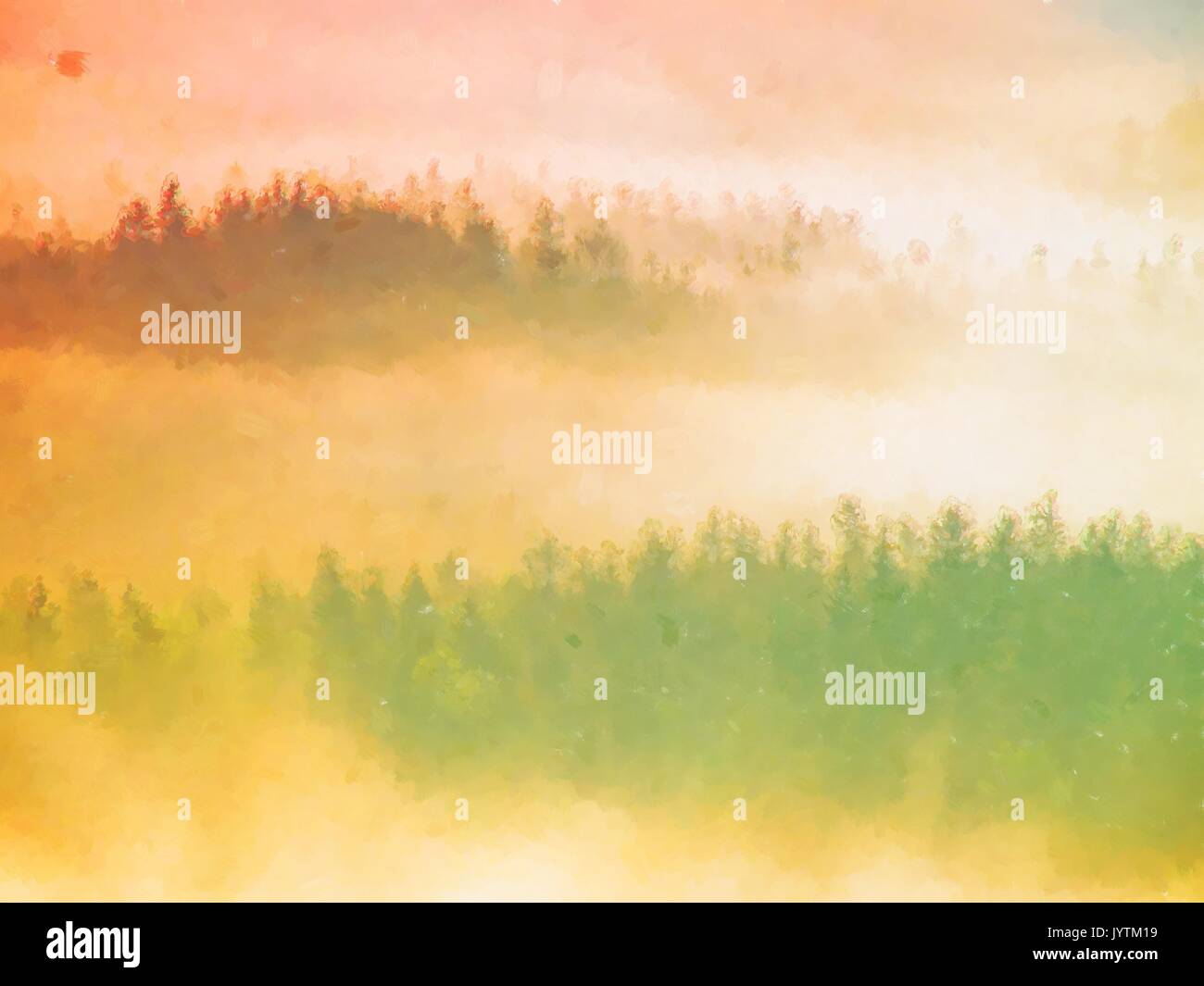 Watercolor paint. Paint effect.Sunrise, Colorful fog and sharp sun rays ...