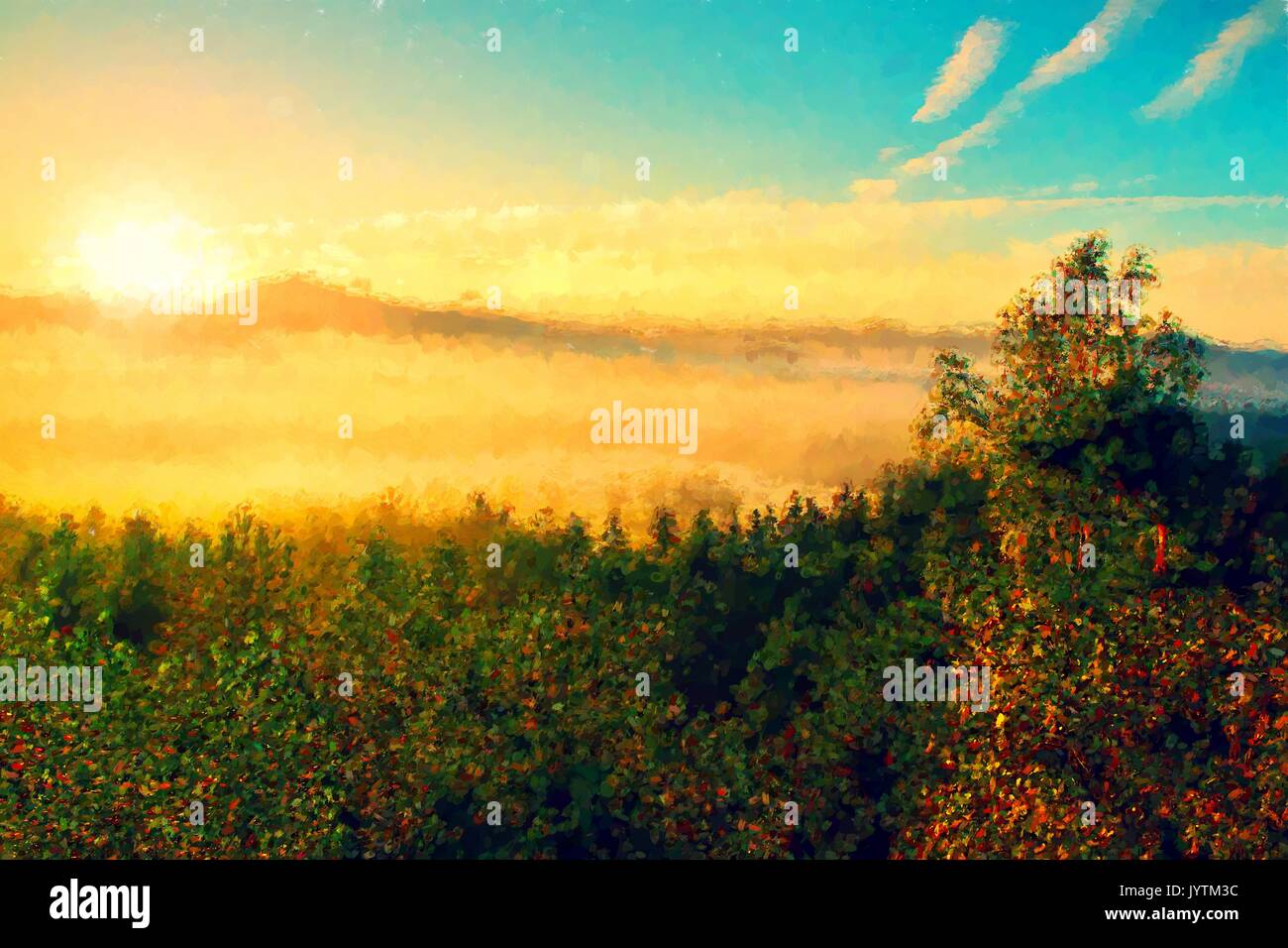 Watercolor paint. Paint effect.Pink daybreak in hilly landcape. Autumn ...