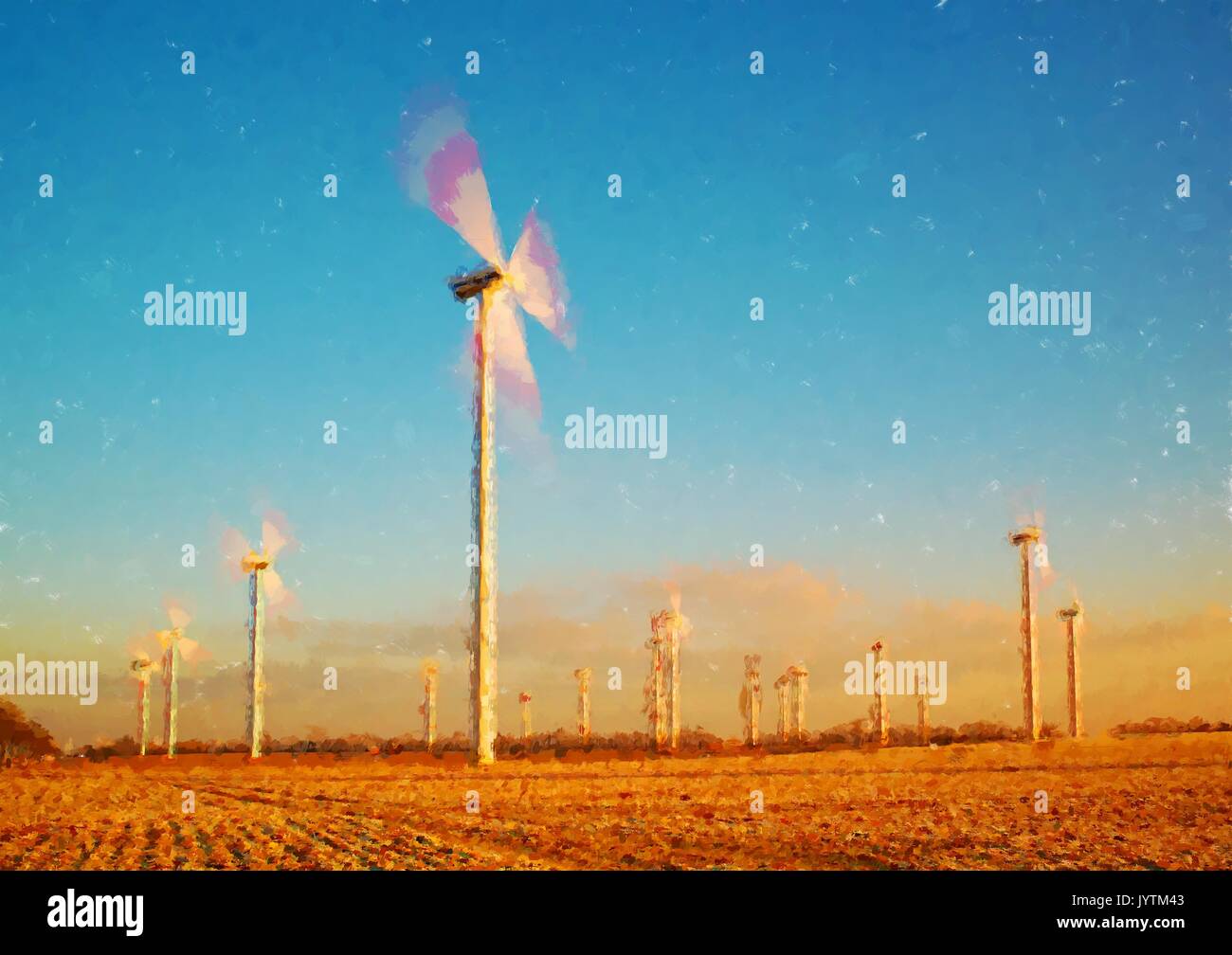 Watercolor paint. Paint effect. Modern Wind Turbines Producing Energy ...