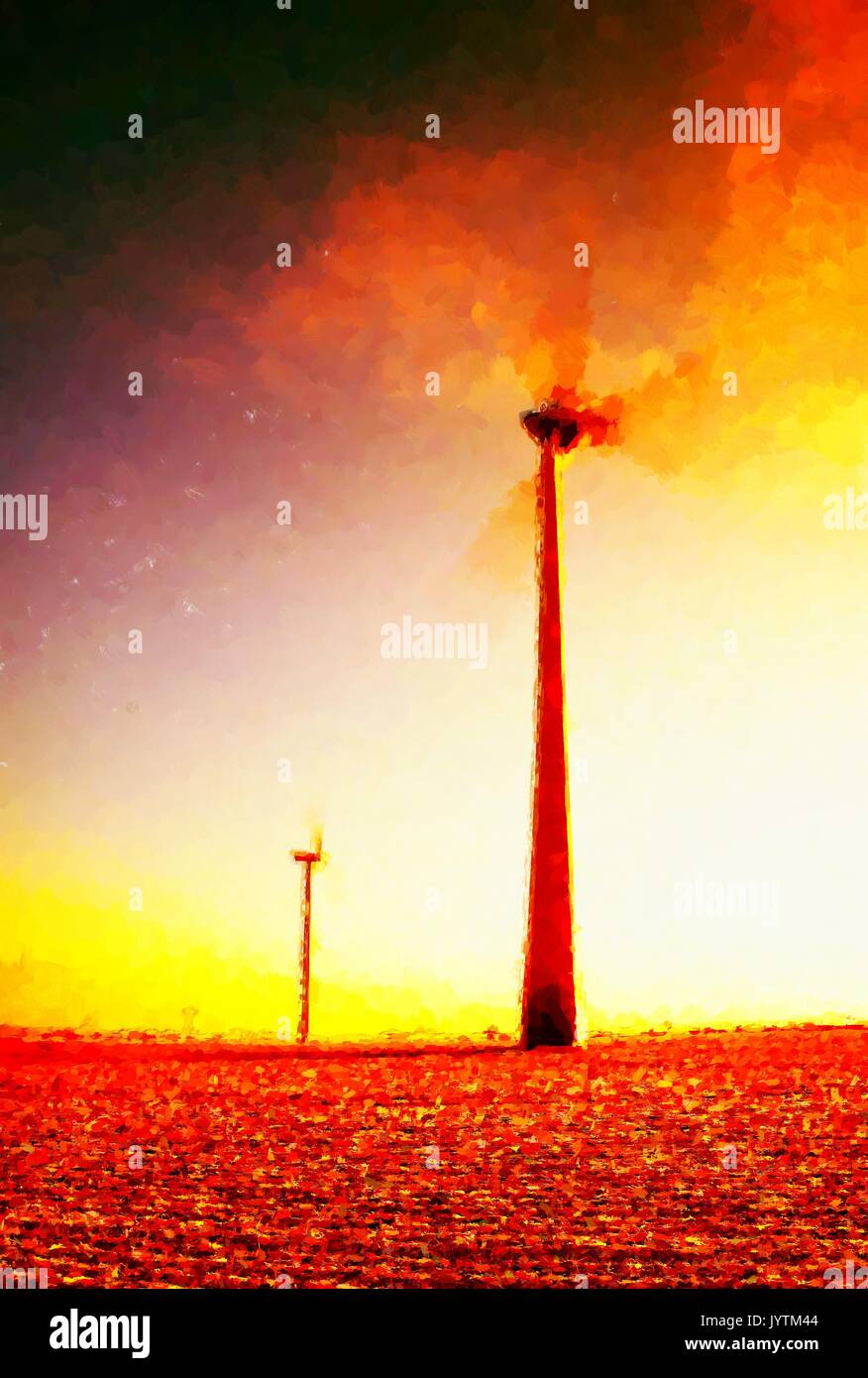 Watercolor paint. Paint effect. Modern Wind Turbines Producing Energy ...